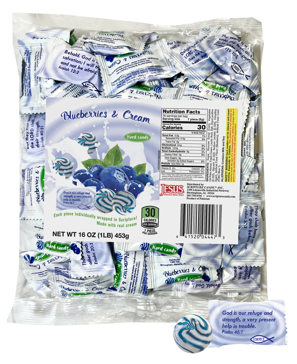 Blueberries & Cream 1 Pound Bag, 75 Pieces – Scripture Candy