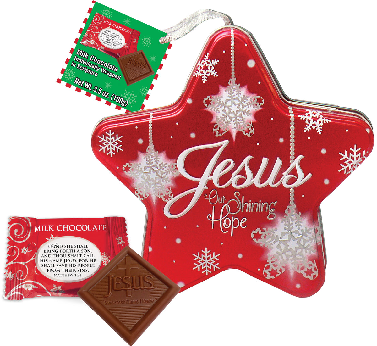 Jesus Our Shining Hope Red Ornament Star Tin, 10 Milk Chocolates Piece ...